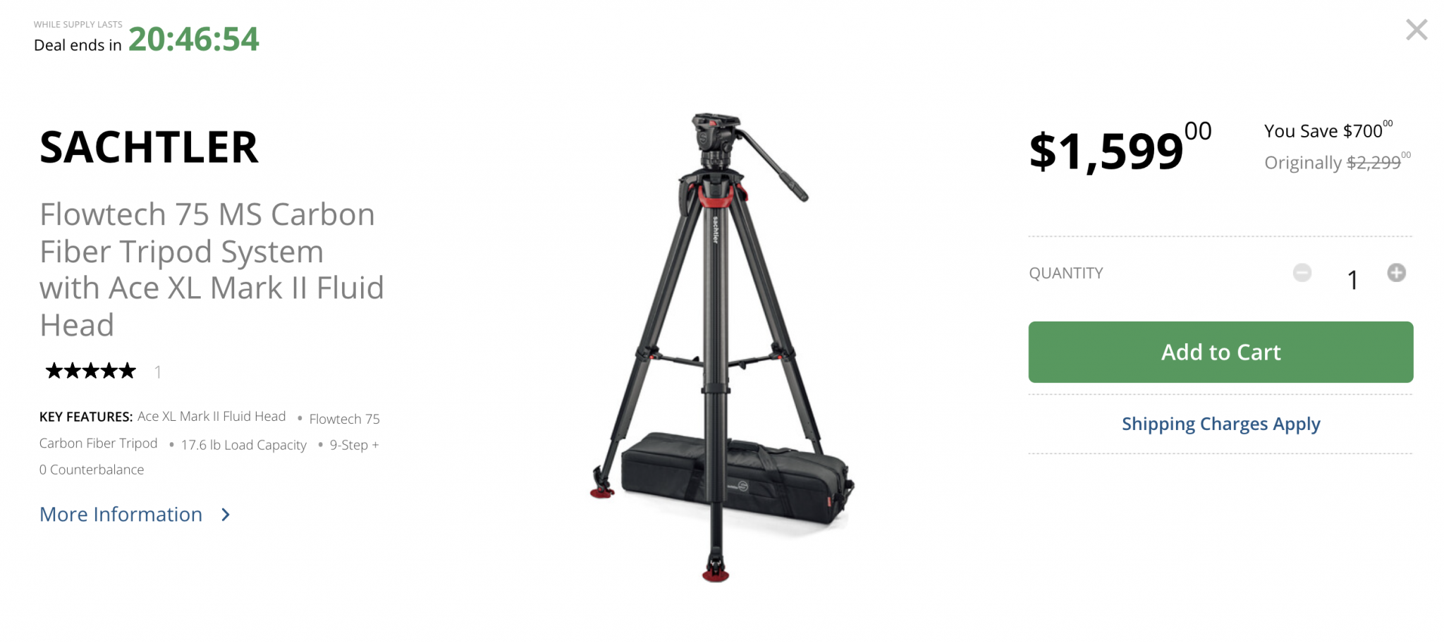 Sachtler Flowtech 75 MS Carbon Fiber Tripod System with Ace XL Mark II Fluid Head on sale for ...